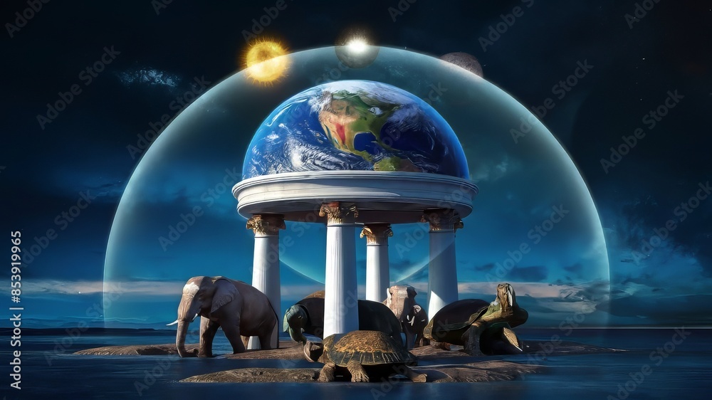 Planet Earth in the shape of a hemisphere stands on three white pillars ...