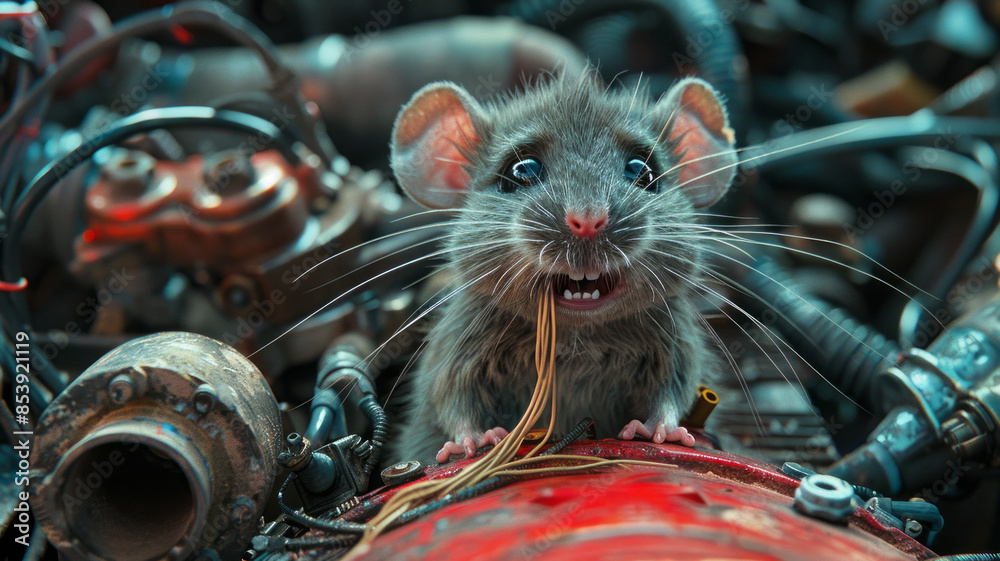 Cute Cartoon Rats Eating Electrical Wires From A Car Engine Like