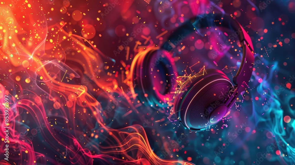 Abstract digital image of music notes and colorful waves on a dark ...