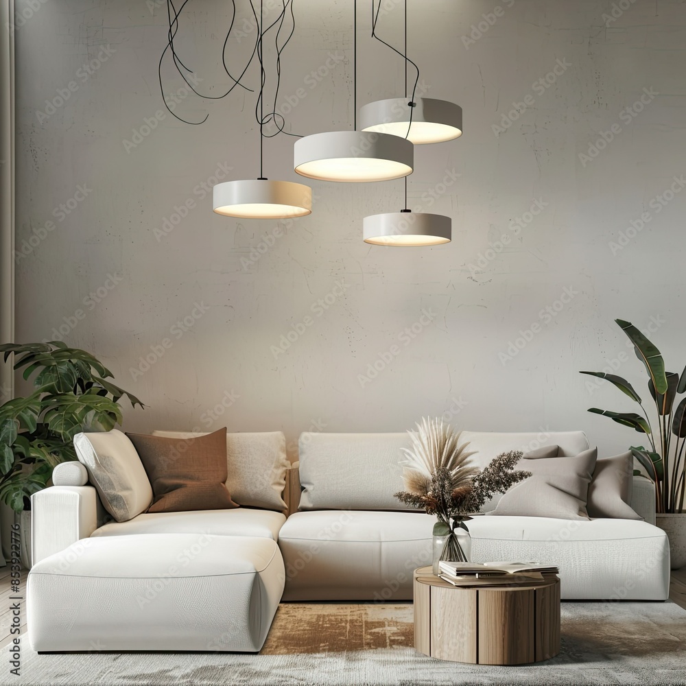 Clean and modern living room interior with stacked light fixtures and ...