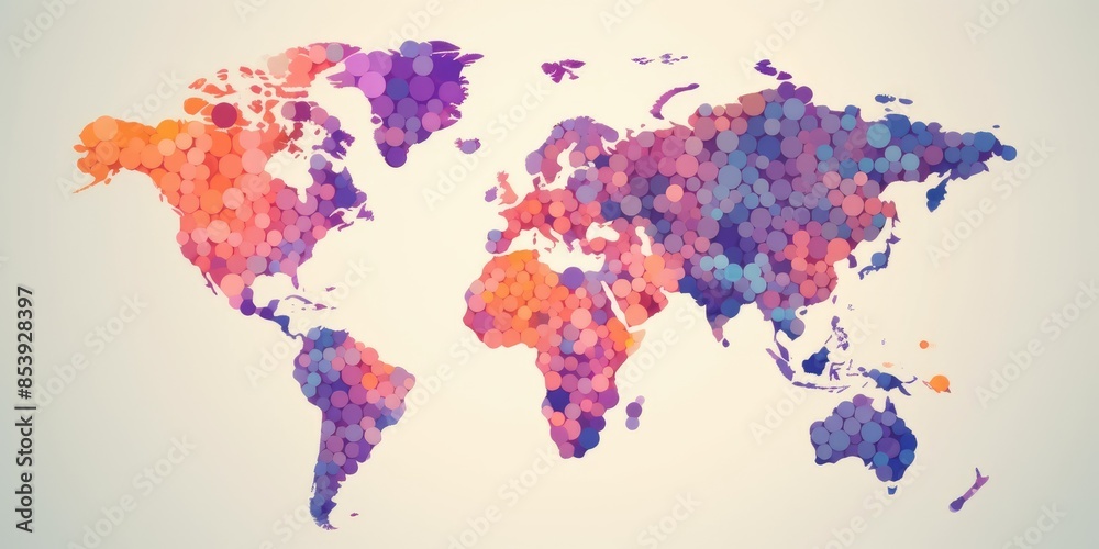 Stylized world map composed of multicolored circles on a white ...