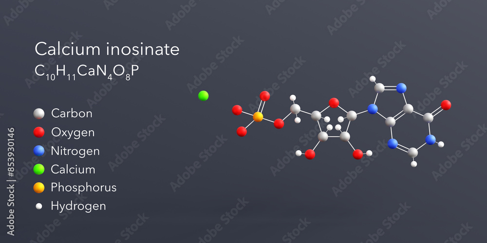calcium inosinate molecule 3d rendering, flat molecular structure with ...