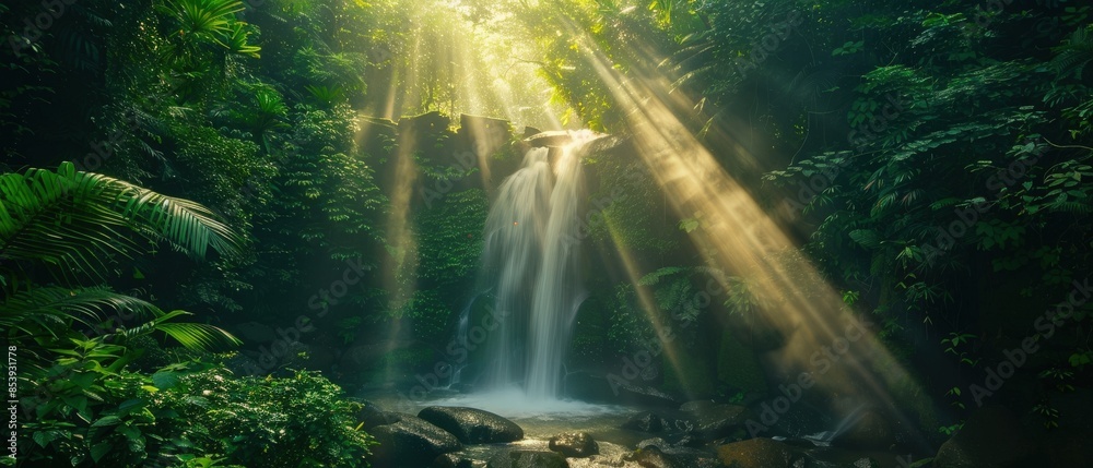 waterfall in a tropical forest with beams of light creating crepuscular ...