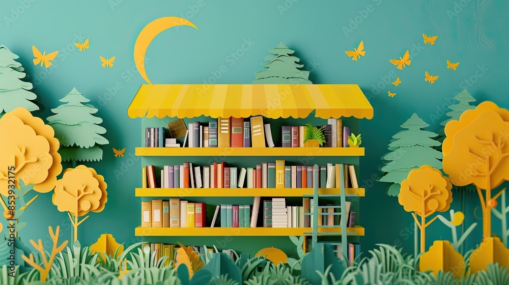 Paper cut craft illustration of a digital library for online learning ...