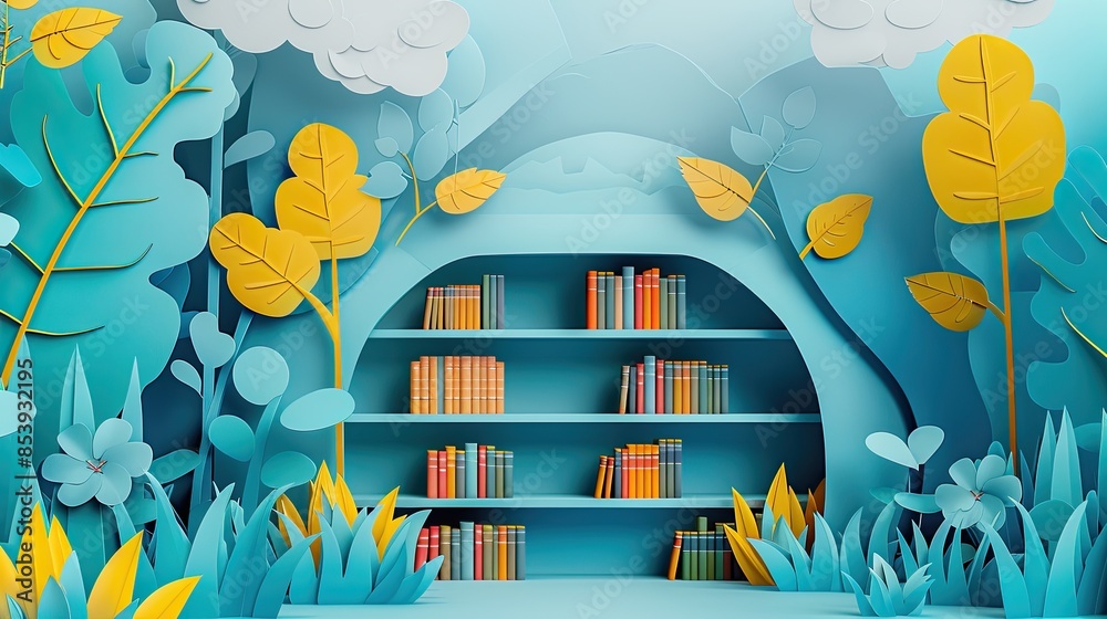 Paper cut craft illustration of a digital library for online learning ...