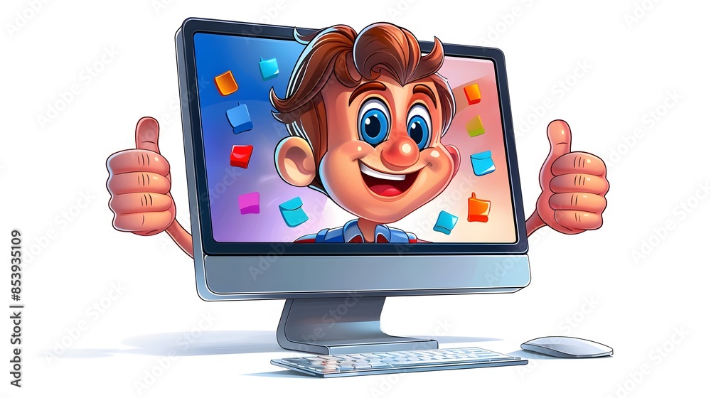 ภาพประกอบสต็อก A cartoon illustration of a computer with a smiling face ...