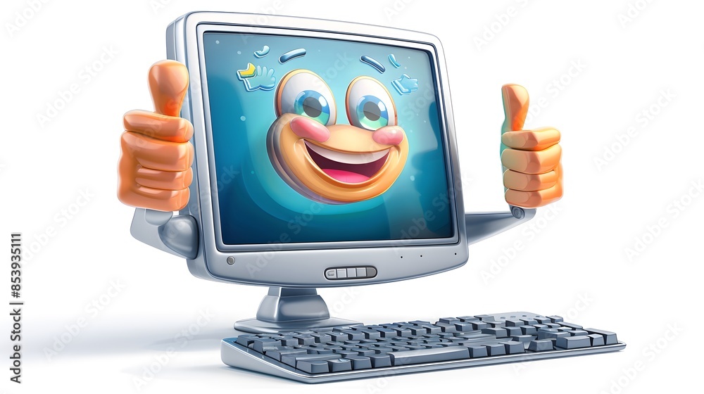 A cartoon illustration of a computer with a smiling face and arms ...