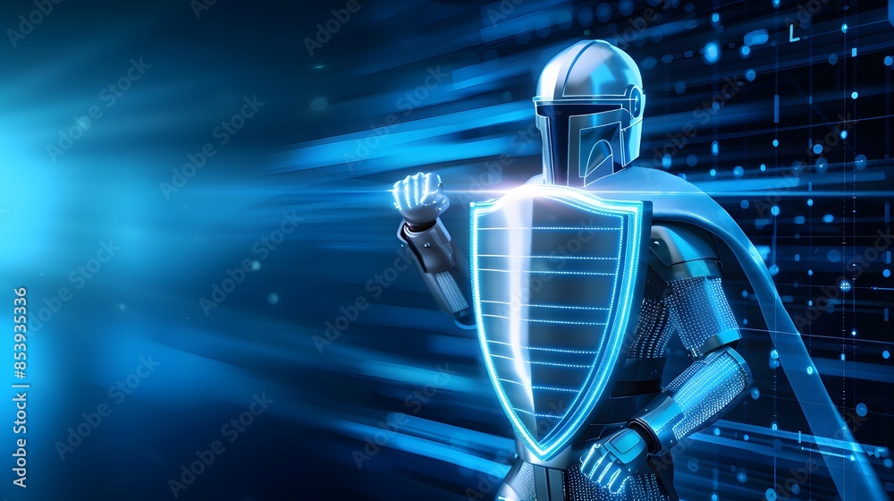 A cartoon of a computer character dressed as a superhero, standing ...