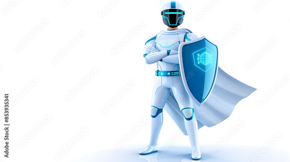 A cartoon of a computer character dressed as a superhero, standing ...