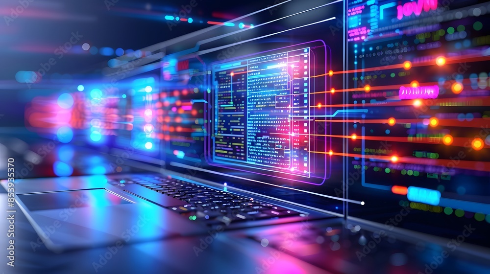 A vibrant cartoon of a computer network, with multiple computers ...