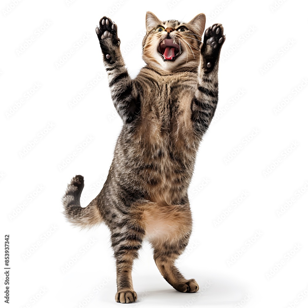 Full body photo of happy smiling cat standing on hind legs, open mouth ...