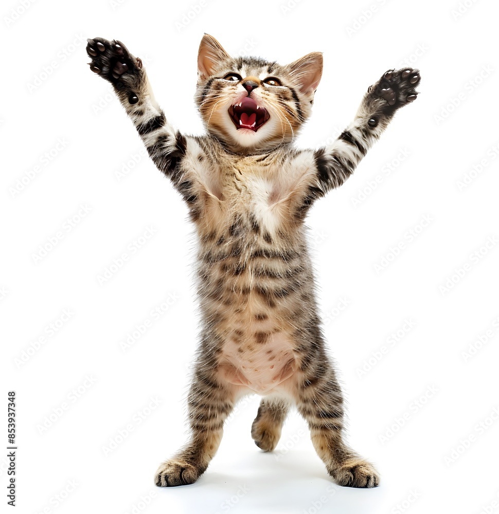 Full body photo of happy smiling cat standing on hind legs, open mouth ...