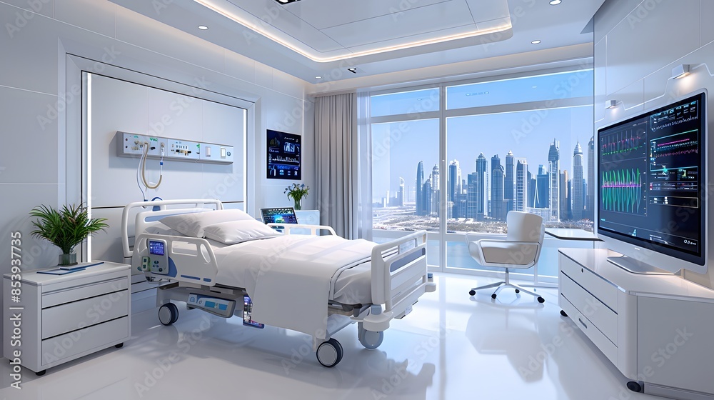 A high-tech hospital room equipped with the latest diagnostic machines ...