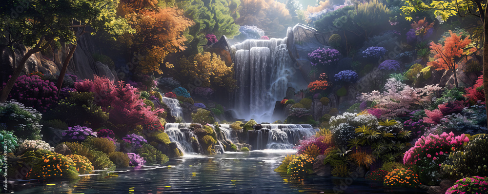 A secret garden hidden behind a waterfall, its paths winding through a ...