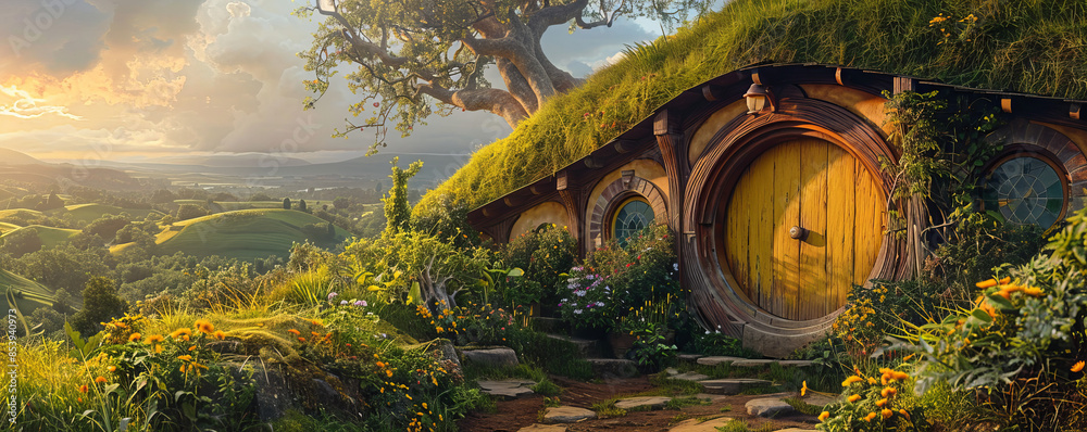 A hobbit living in a cozy hole in the side of a hill, smoking a pipe ...