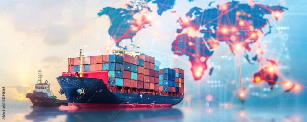 Global trade concept with cargo ships, planes, and digital networks ...
