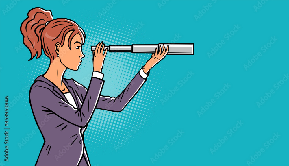 Business lady looks through a telescope. Business strategy and forecast ...