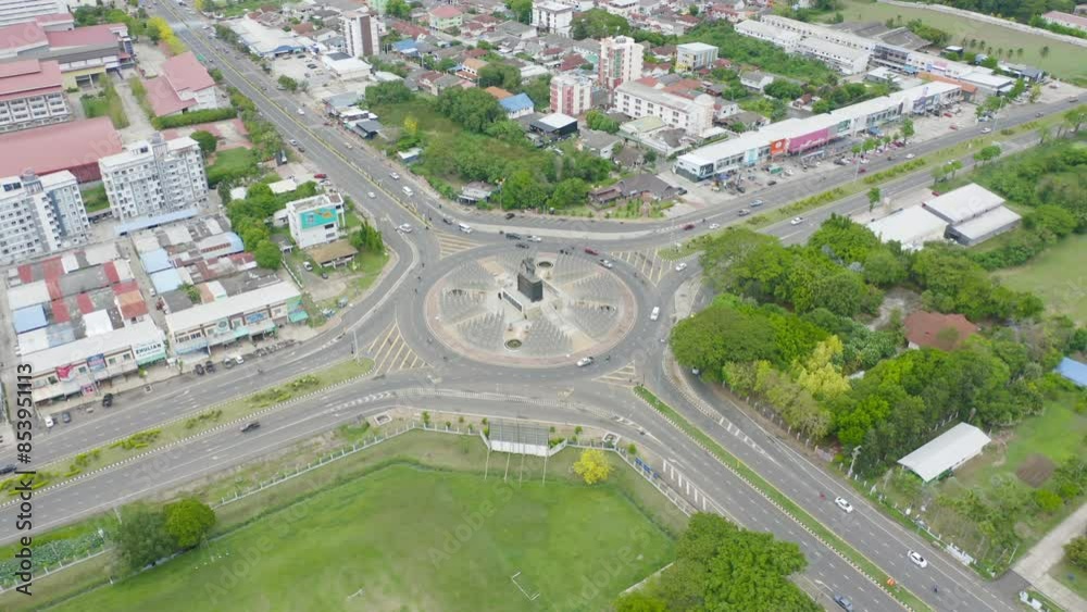 Wongwian Yai roundabout. Aerial view of highway junctions. Roads shape ...