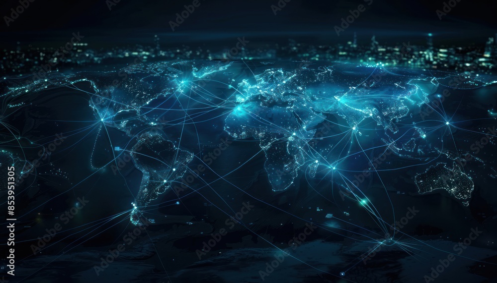 "Futuristic Global Network: Illuminated Map of Interconnected Cities ...