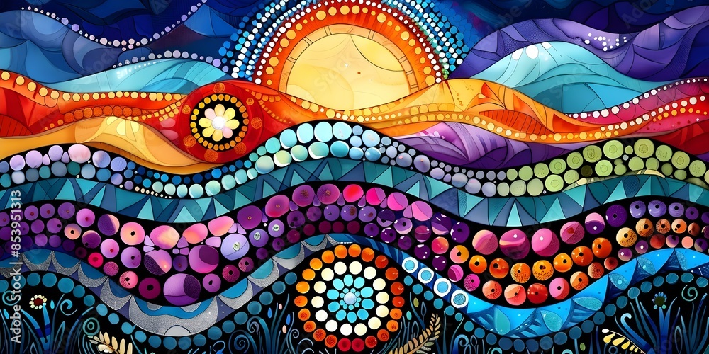 Watercolor landscape painting featuring Aboriginal dot painting style ...