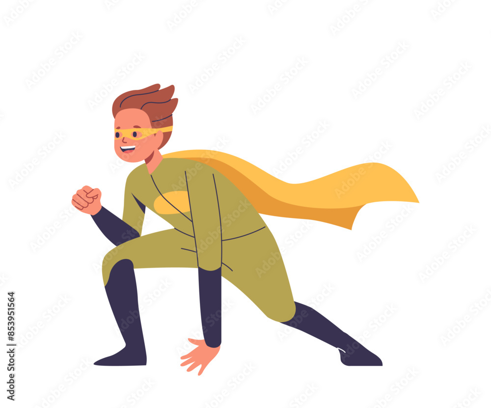 Child Boy Character Dressed As A Superhero With A Yellow Cape And Mask ...