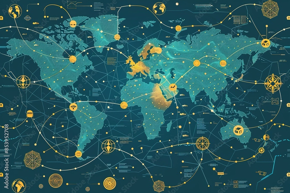 seamless pattern flat illustration style, world map Internet network ...