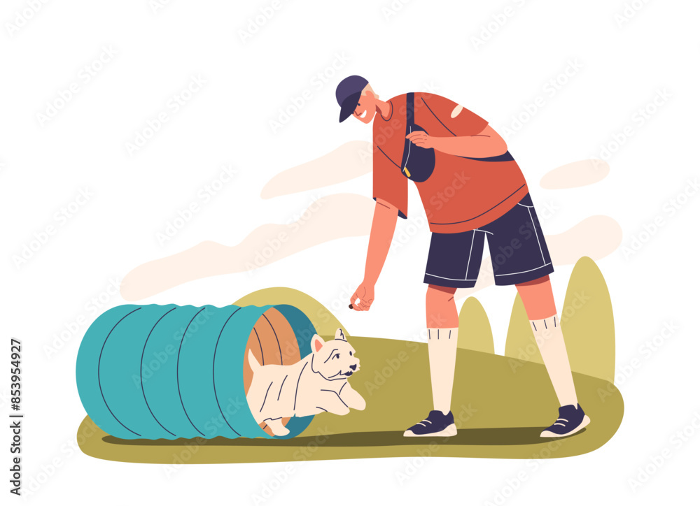 Owner Training A Dog In An Outdoor Yard. Cartoon Vector Illustration ...