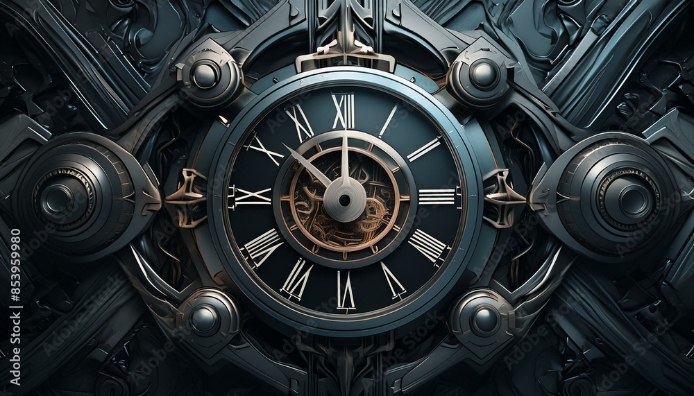 A heavy metallic ancient clock with old design in dark background ...