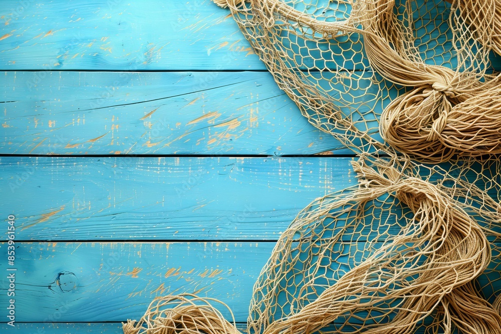 Fishing nets on a blue wooden background with copy space, in a top view ...
