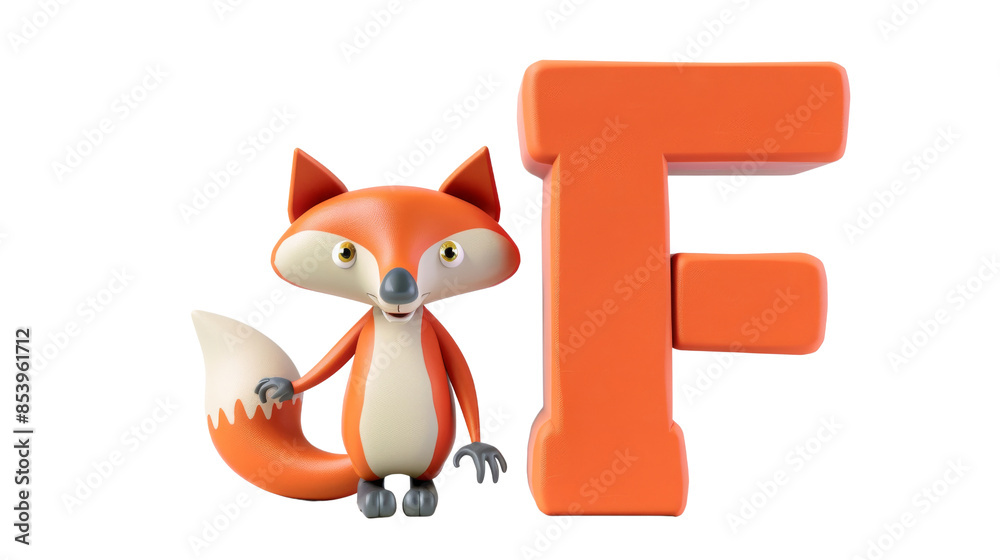 A vibrant 3D cartoon letter F featuring a cute fox character on a ...