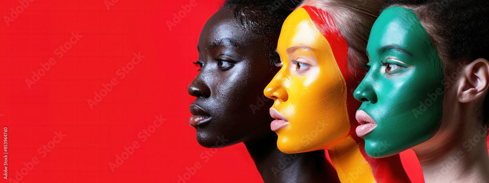 Chromatic color harmony on human face on red background with copy space ...