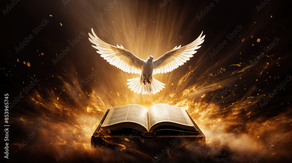 White dove flying above open bible with glowing pages and golden ...