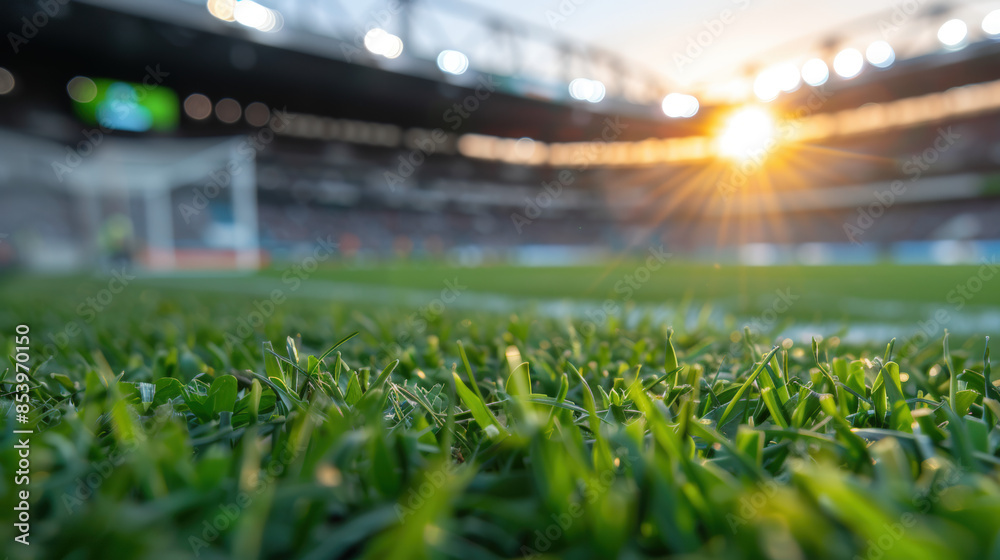 vue au ras de la pelouse d'un stade de football avec ligne de touche et ...