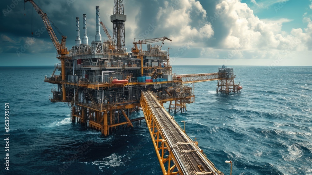 The naval architecture of an oil rig floating in the vast ocean ...