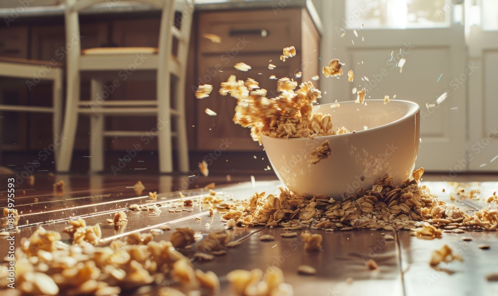 cereal bowl falling on floor, granola spilling out, elegant kitchen ...