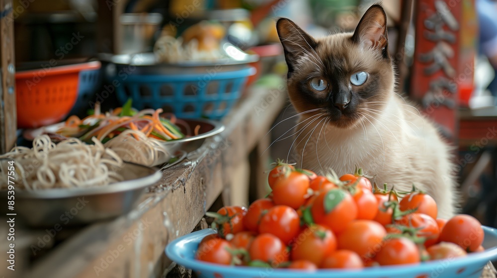 Siamese Cat Delight with Thai Cuisine Stock Photo | Adobe Stock