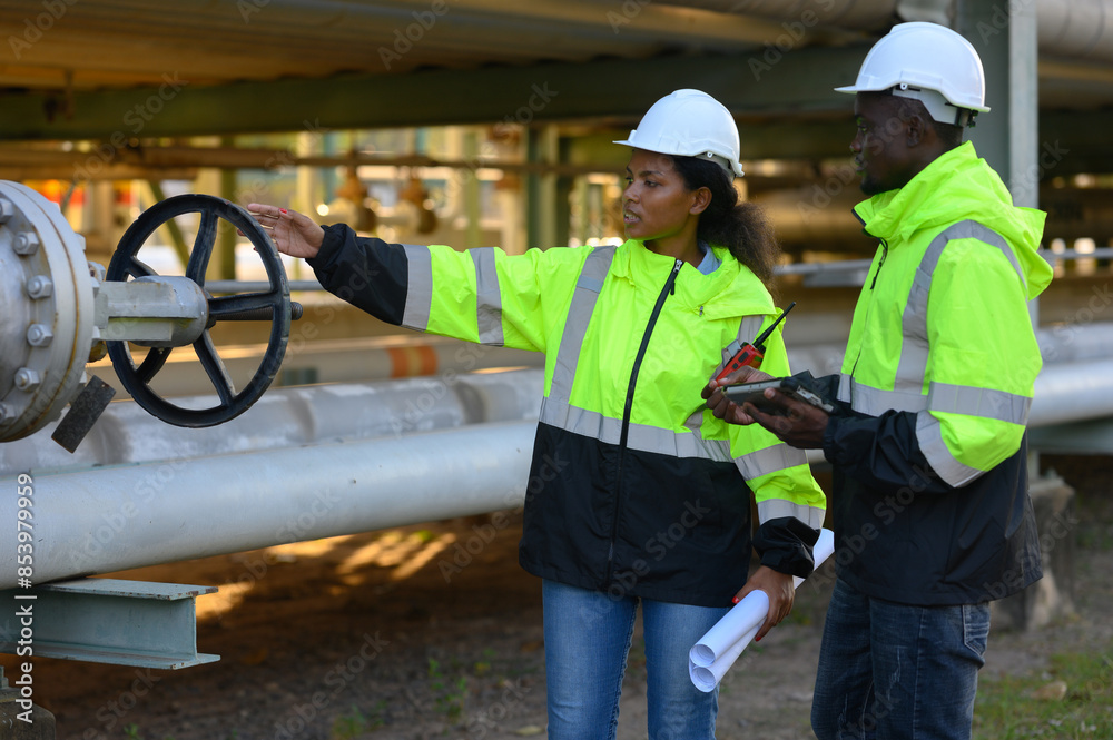 Male and female engineers check the drawing system inspection with the ...