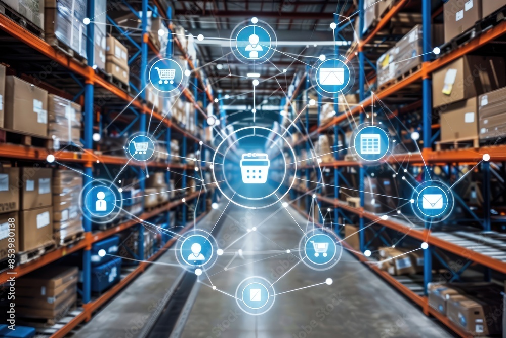 Smart warehouse with interconnected technology icons representing ...
