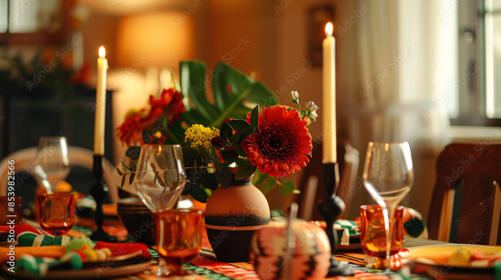 Close-up of a beautifully decorated Juneteenth table with cultural ...