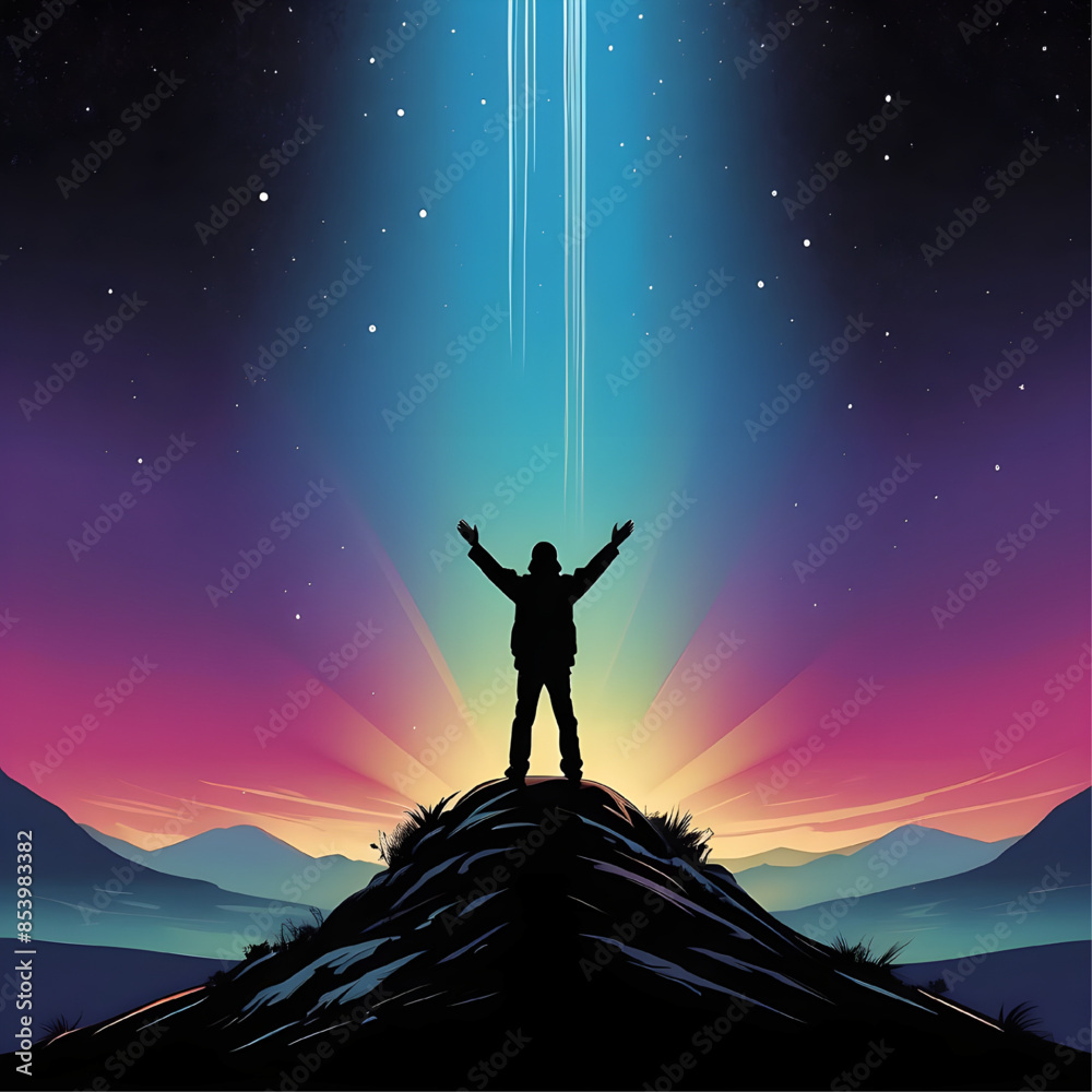 Cosmic Revelation: A lone figure stands atop a mountain peak, bathed in ...
