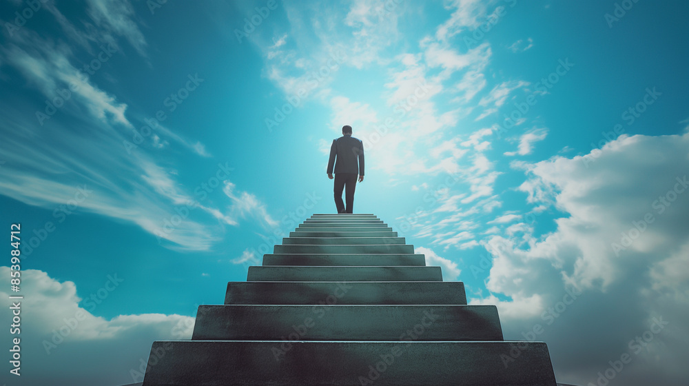 A person standing at the top of a long set of steps under a clear blue ...