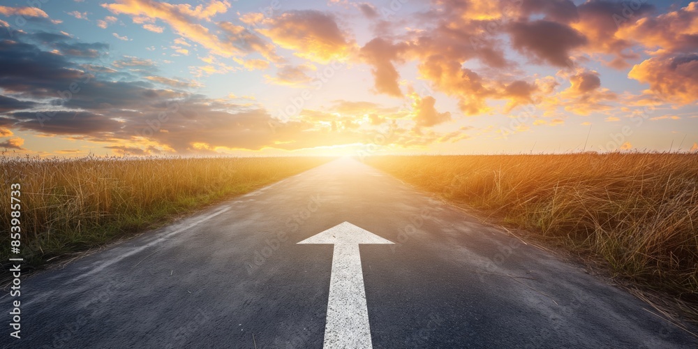 Road with Forward Arrow Leading to Sunrise. Highway Direction Symbol ...
