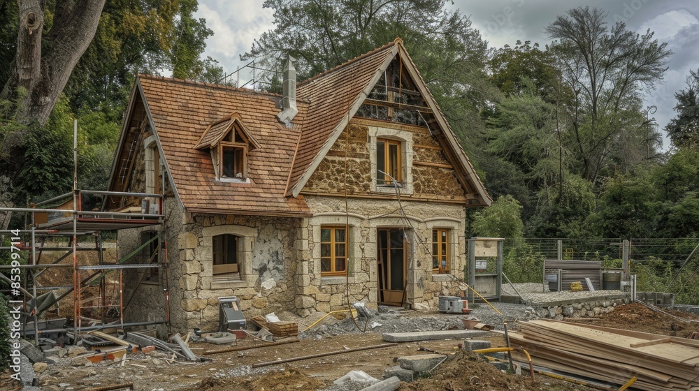 Background image of residential modern house under construction with ...