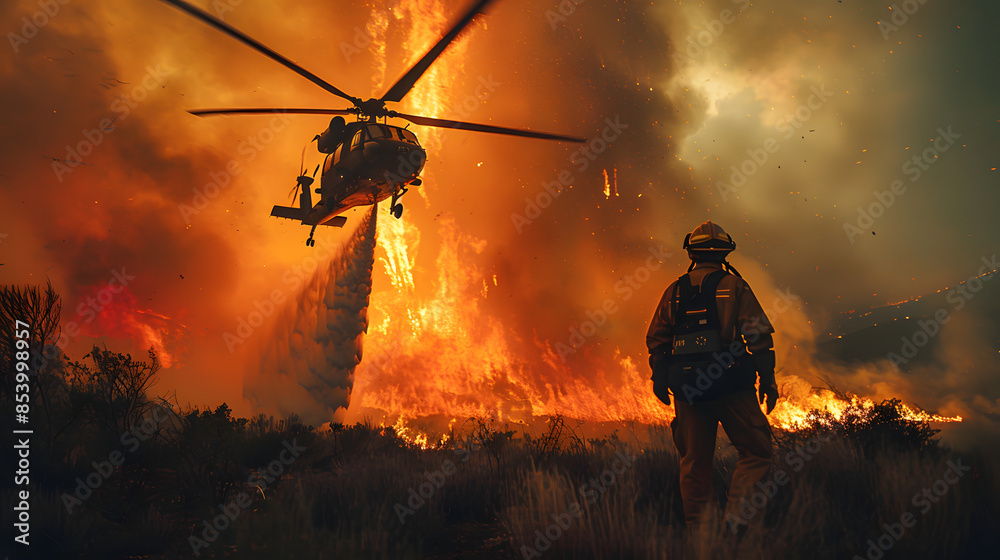 A dramatic scene of a wildfire with a firefighter and a helicopter in ...