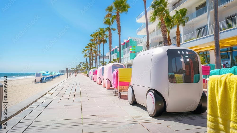 Autonomous delivery vans distributing sunscreen and beach towels along ...