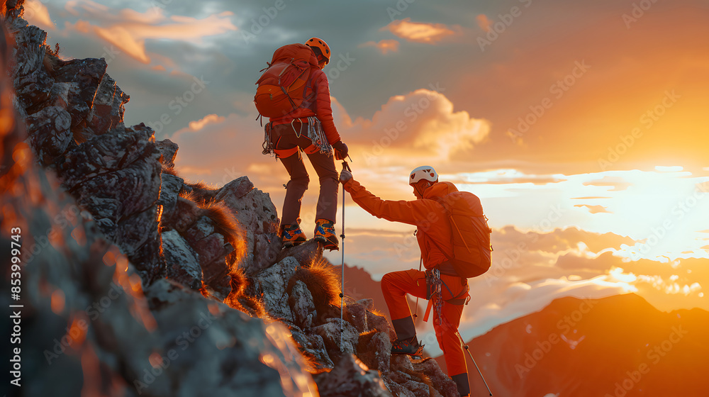 Two climbers assisting each other on a rocky mountain slope during a ...