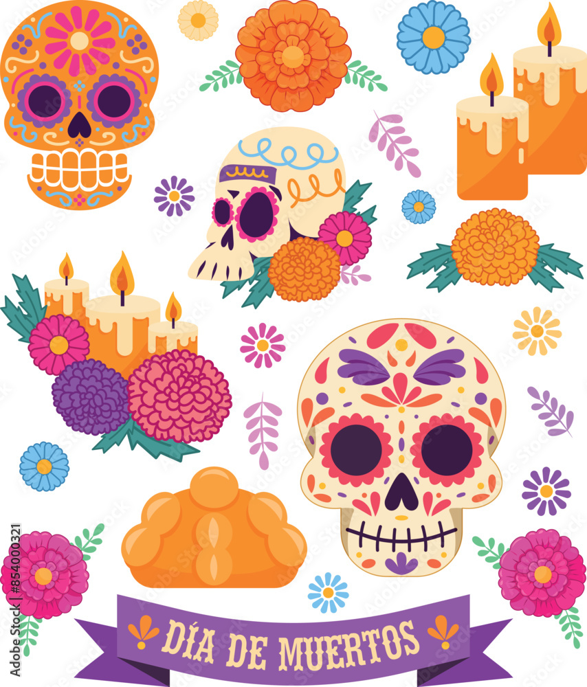 Póster recursos día de muertos México como calaveritas, flor ...
