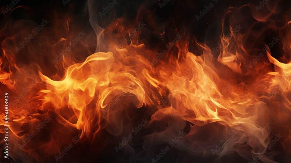 Fire flames on black background, fading into wisps of smoke that curl ...