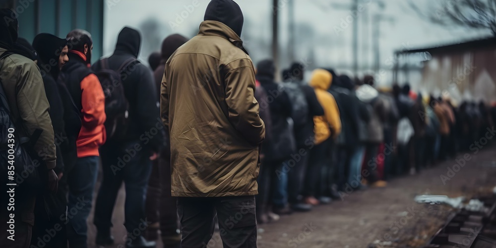 Refugees waiting in line at border checkpoint. Concept Refugees, Border ...
