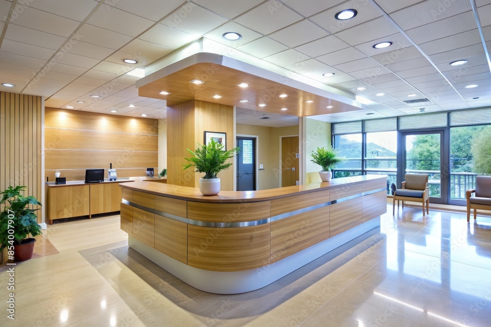 Hospital Reception Desk Interior With Wood Paneling and Natural Light ...